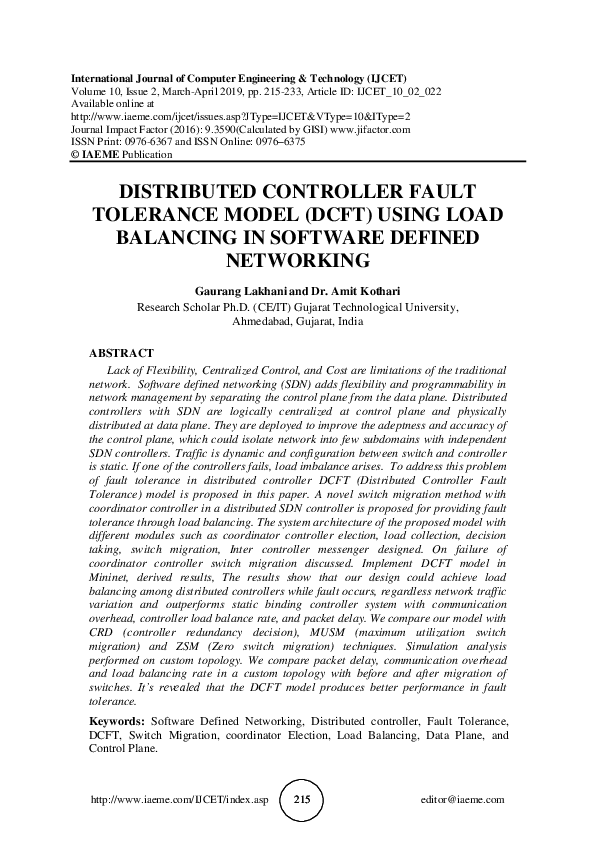 Pdf Distributed Controller Fault Tolerance Model Dcft Using Load Balancing In Software
