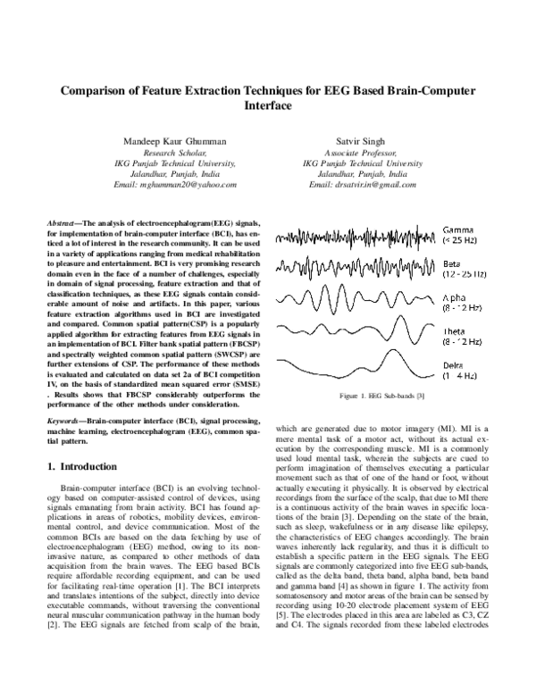 Pdf Comparison Of Feature Extraction Techniques For Eeg Based Brain Computer Interface