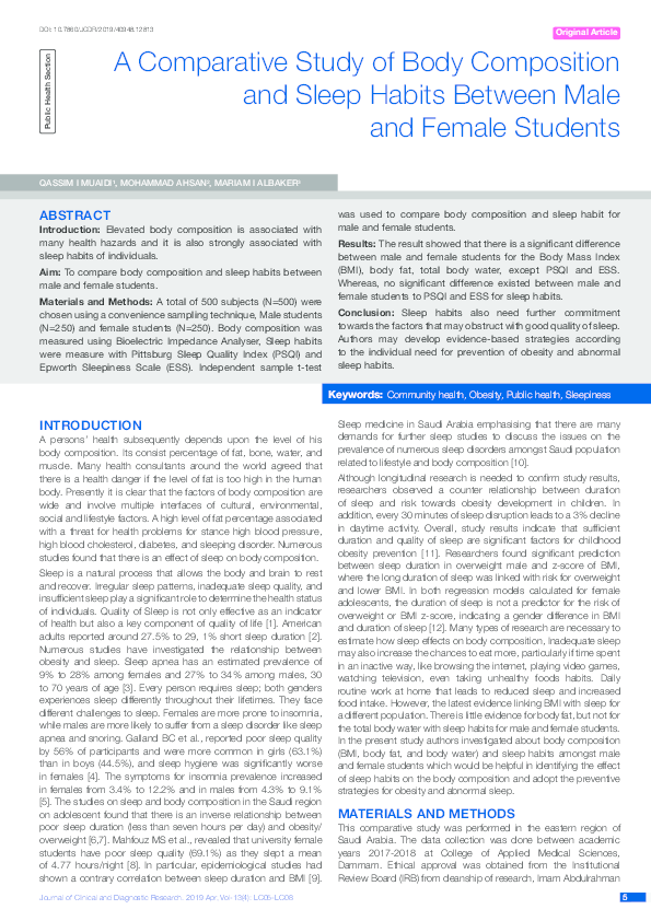 (PDF) A Comparative Study of Body Composition and Sleep Habits Between ...