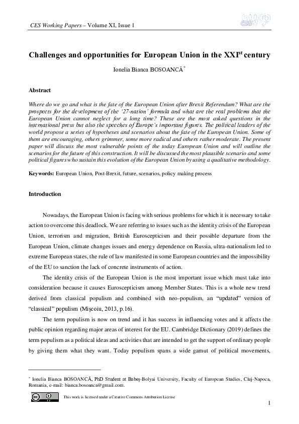 (PDF) Challenges and opportunities for European Union in the XXI st century