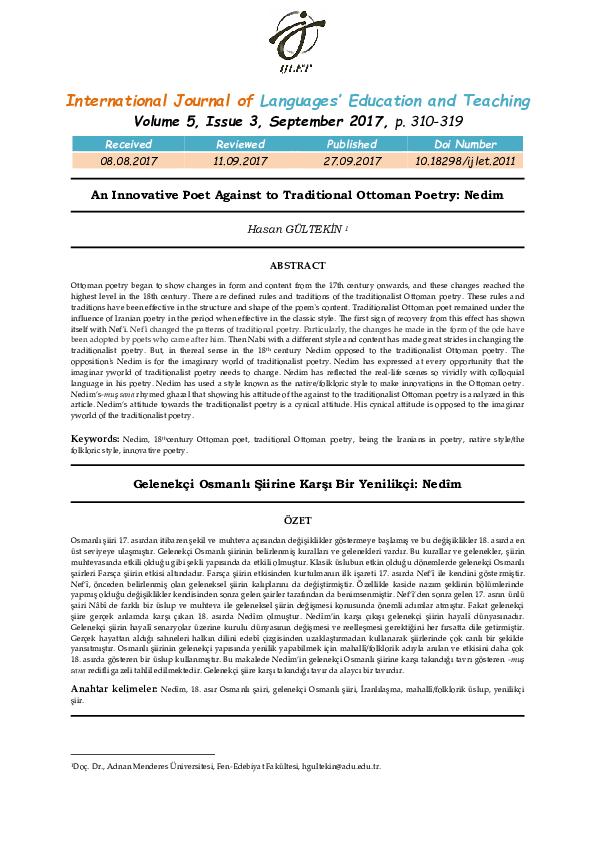 (PDF) Gelenekçi Osmanlı Şiirine Karşı Bir Yenilikçi: Nedîm - An ...