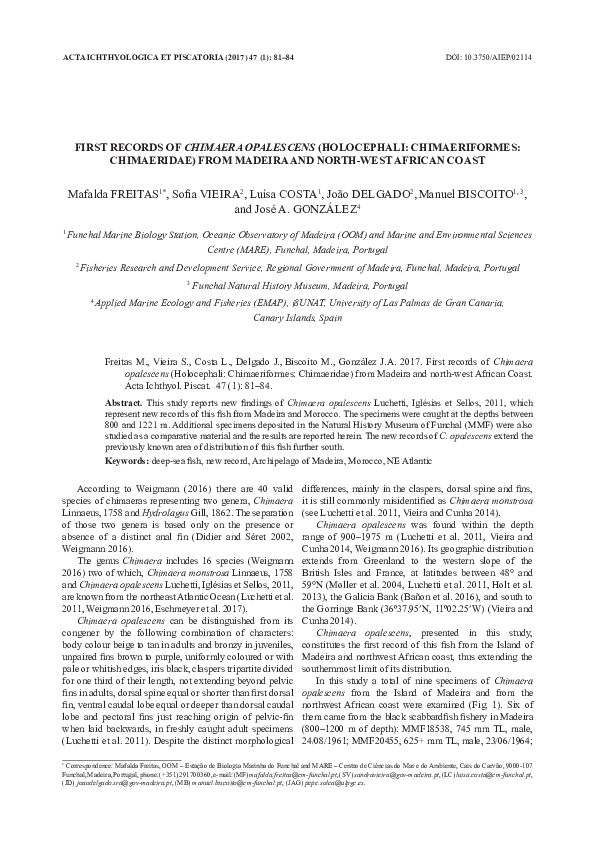 (PDF) FIRST RECORDS OF CHIMAERA OPALESCENS (HOLOCEPHALI: CHIMAERIFORMES ...