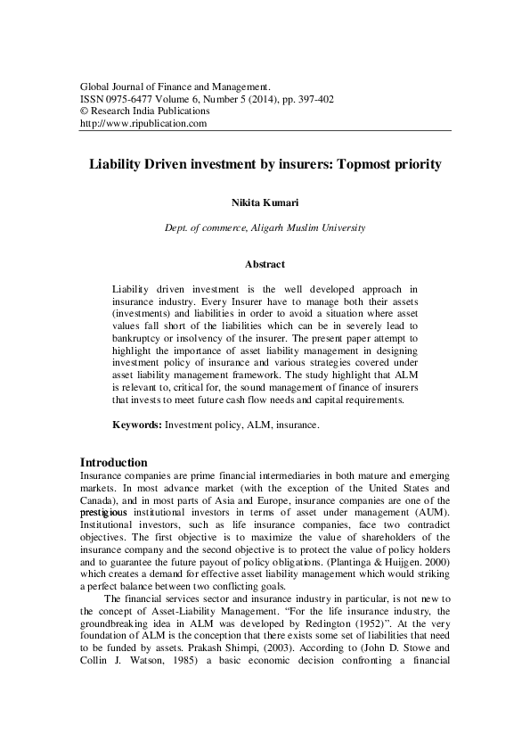 (PDF) Liability Driven investment by insurers: Topmost priority