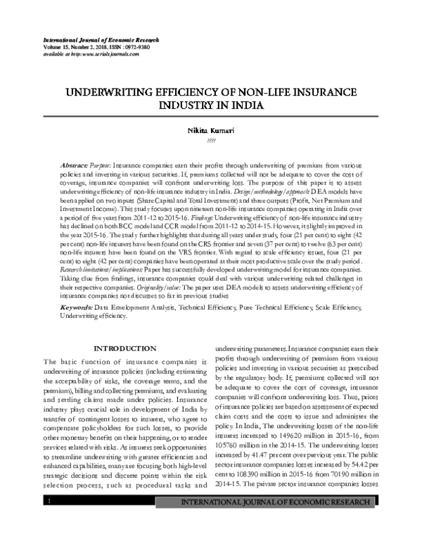 (PDF) Underwriting Efficiency of Non-life Insurance industry in India