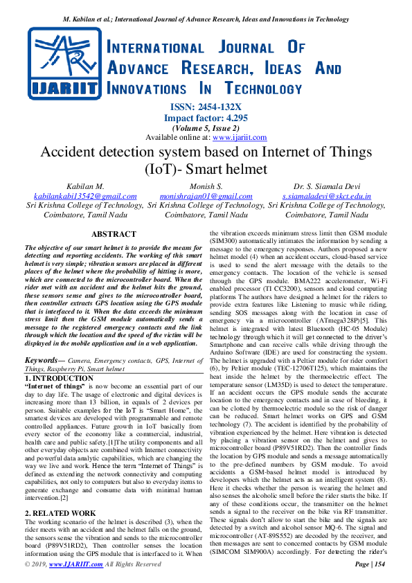Pdf Accident Detection System Based On Internet Of Things Iot Smart Helmet