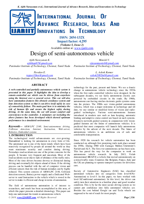 (PDF) Design of semi-autonomous vehicle