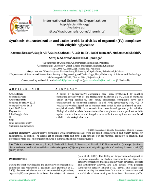 (PDF) Synthesis, characterization and antimicrobial activities of organotin(IV) complexes with ...