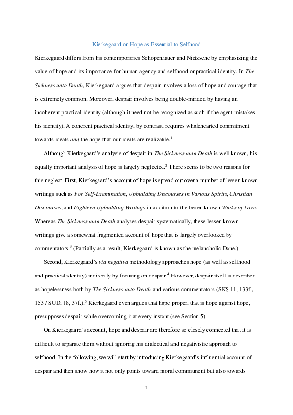 (DOC) Kierkegaard on hope as essential to selfhood