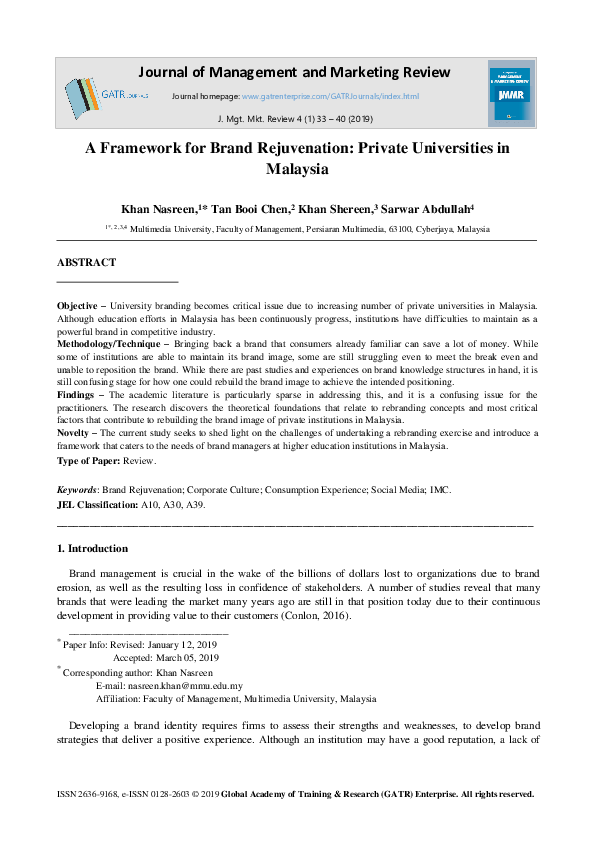 (PDF) Journal of Management and Marketing Review A Framework for Brand ...