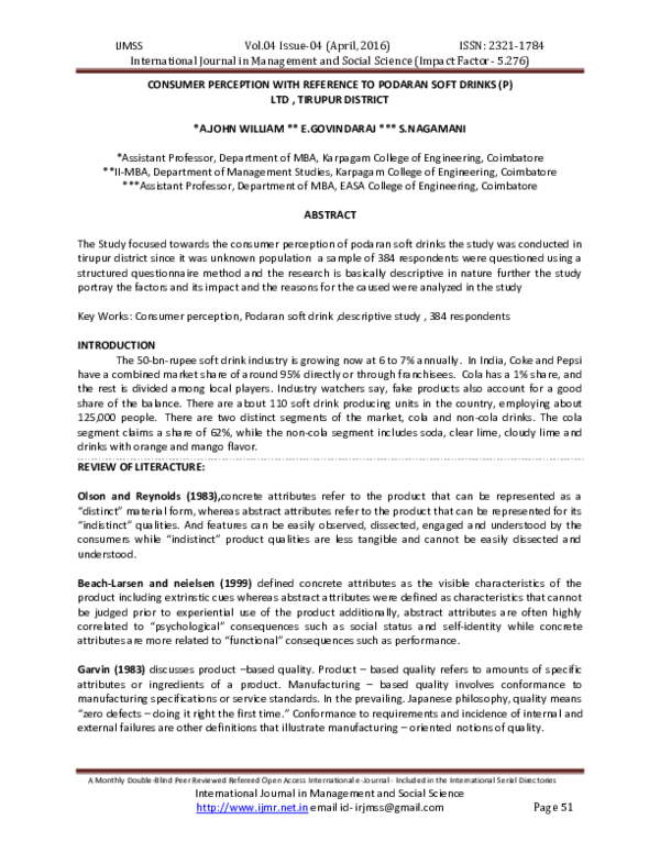 (PDF) CONSUMER PERCEPTION WITH REFERENCE TO PODARAN SOFT DRINKS (P) LTD ...