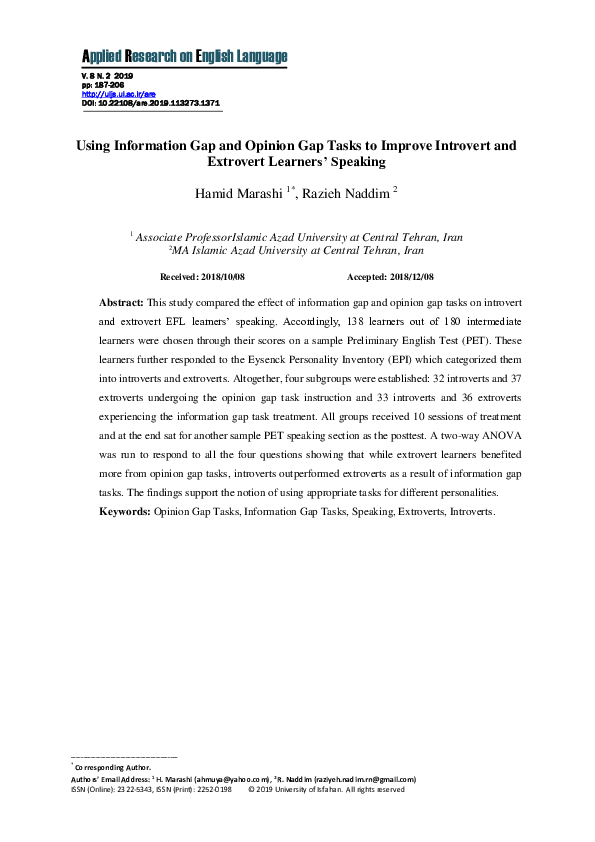 Pdf Using Information Gap And Opinion Gap Tasks To Improve Introvert And Extrovert Learners