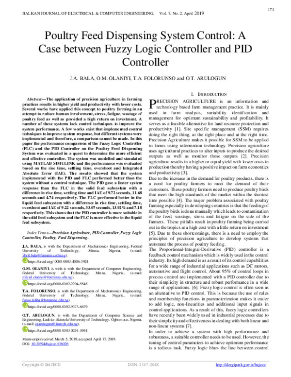 Pdf Poultry Feed Dispensing System Control A Case Between Fuzzy Logic Controller And Pid