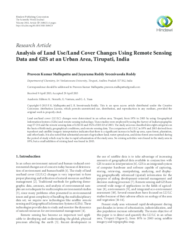 (PDF) Analysis of Land Use/Land Cover Changes Using Remote Sensing Data and GIS at an Urban Area ...