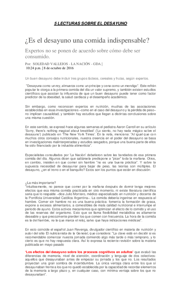 (DOC) LECTURAS SOBRE EL DESAYUNO