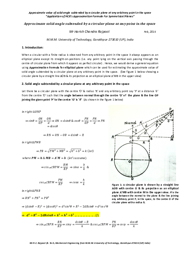 (PDF) Approximate value of solid angle subtended by a circular plane at any point in the space ...