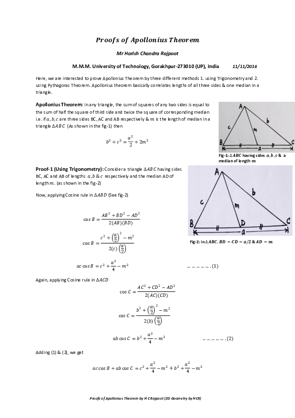 (PDF) Proofs of Apollonius Theorem (2-D Geometry by HCR)