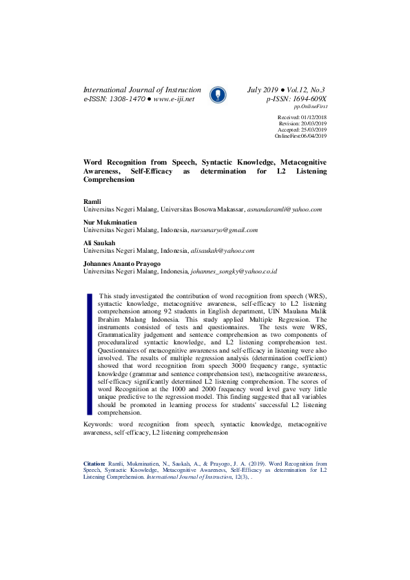 (PDF) Word Recognition from Speech, Syntactic Knowledge, Metacognitive Awareness, Self-Efficacy ...