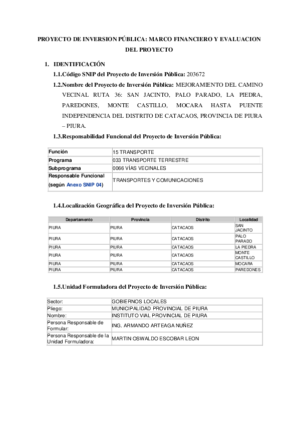 (PDF) PROYECTO DE INVERSION PÚBLICA: MARCO FINANCIERO Y EVALUACION DEL PROYECTO 1 ...