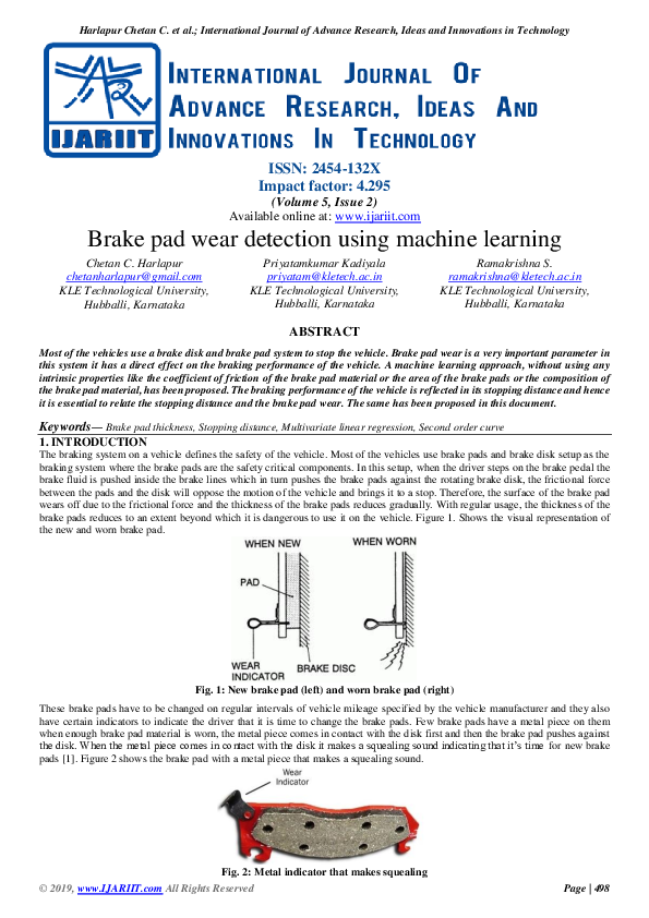 Pdf Brake Pad Wear Detection Using Machine Learning
