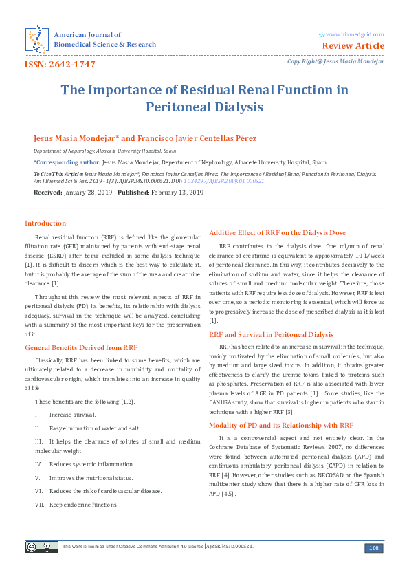 (PDF) The Importance of Residual Renal Function in Peritoneal Dialysis