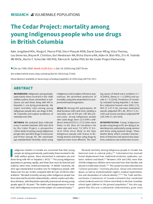 (PDF) The Cedar Project: mortality among young Indigenous people who ...