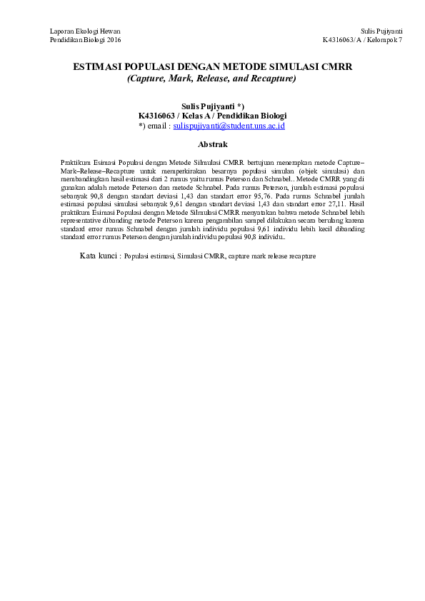 (DOC) ESTIMASI POPULASI DENGAN METODE SIMULASI CMRR (Capture, Mark, Release, and Recapture