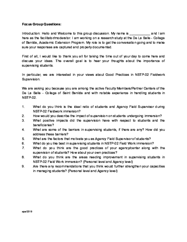 (PDF) Focus Group Questions