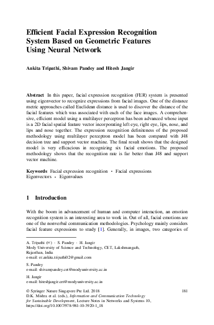 Pdf Efficient Facial Expression Recognition System Based On Geometric Features Using Neural