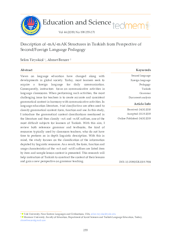 (PDF) Description of -mA/-mAK Structures in Turkish from Perspective of ...