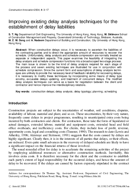 (PDF) Improving existing delay analysis techniques for the establishment of delay liabilities