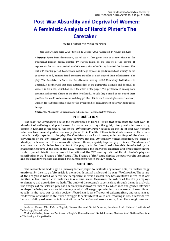 (PDF) Post-War Absurdity and Deprival of Women: A Feministic Analysis ...