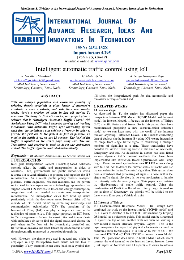 Pdf Intelligent Automatic Traffic Control Using Iot 