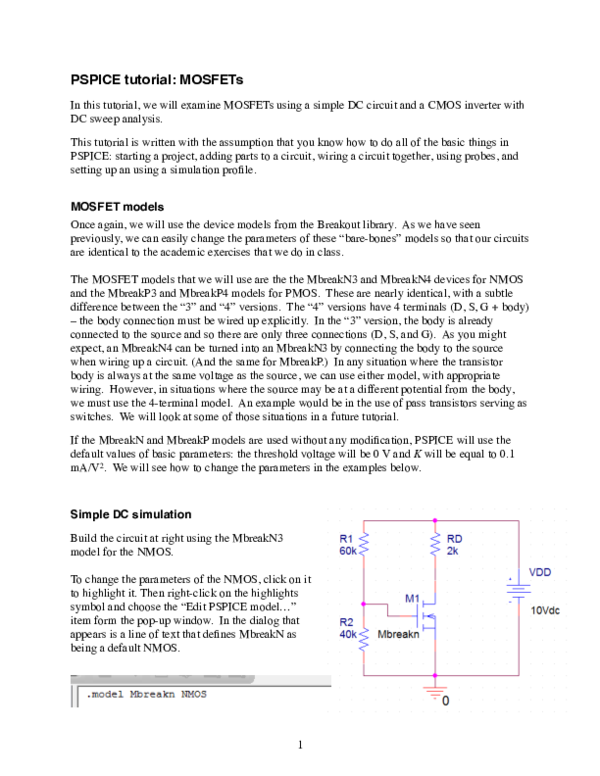 (PDF) PSPICE tutorial: MOSFETs