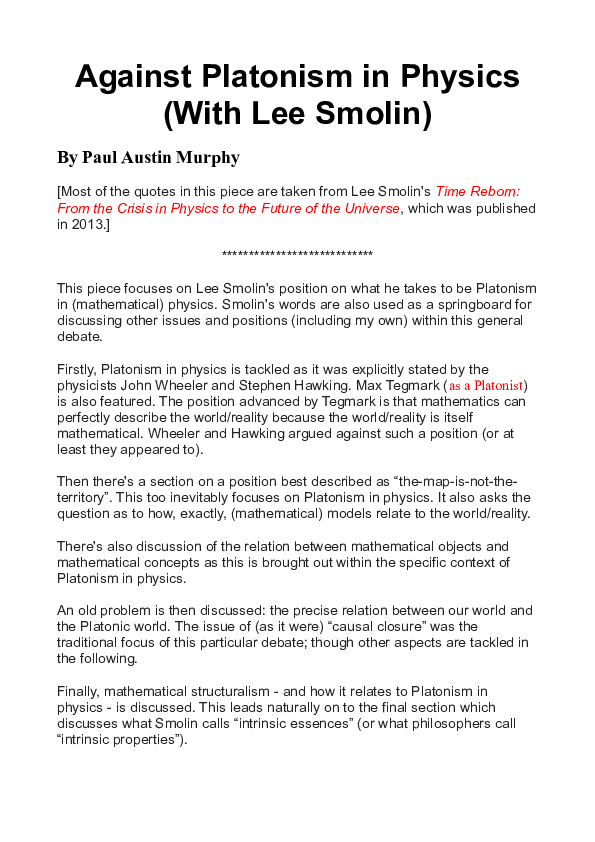 (DOC) Against Platonism in Physics (With Lee Smolin)