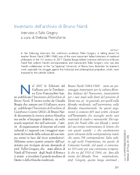 (PDF) Inventario dellarchivio di Bruno Nardi. Intervista a Tullio Gregory