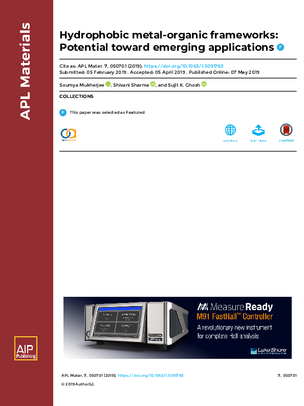 (PDF) Hydrophobic metal-organic frameworks: Potential toward emerging applications APL Materials ...