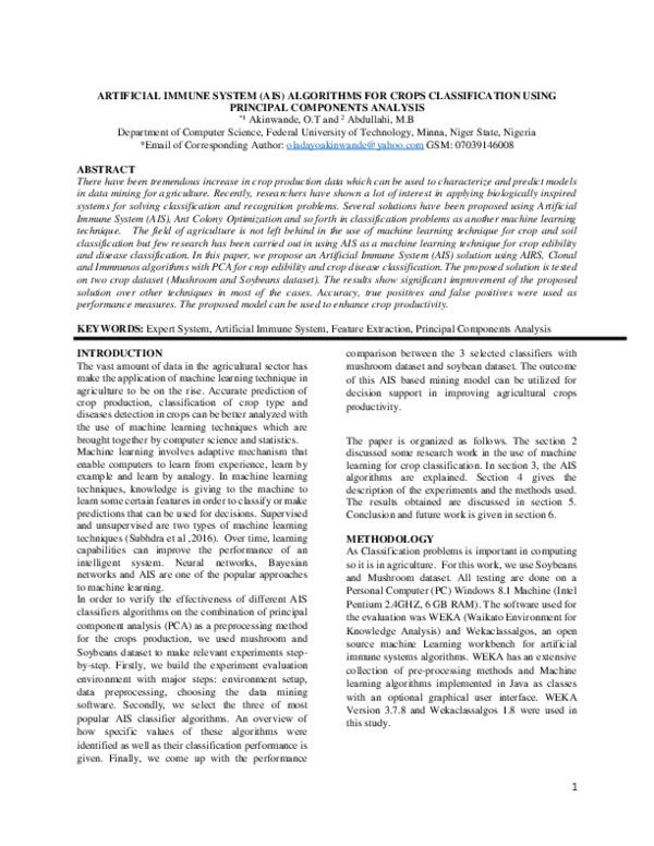 (PDF) ARTIFICIAL IMMUNE SYSTEM (AIS) ALGORITHMS FOR CROPS CLASSIFICATION USING PRINCIPAL ...