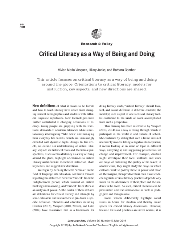 (PDF) Critical Literacy as a Way of Being and Doing