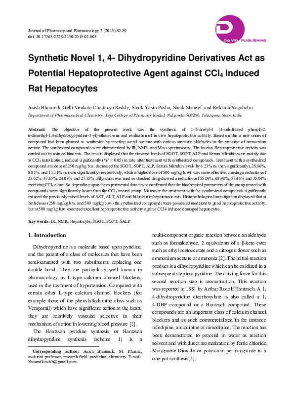(PDF) Synthetic Novel 1, 4-Dihydropyridine Derivatives Act as Potential Hepatoprotective Agent ...