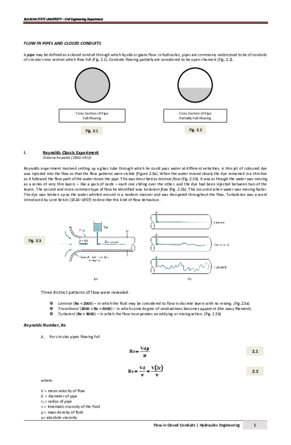 (PDF) I. Reynolds Classic Experiment Cross Section of Pipe Partially ...