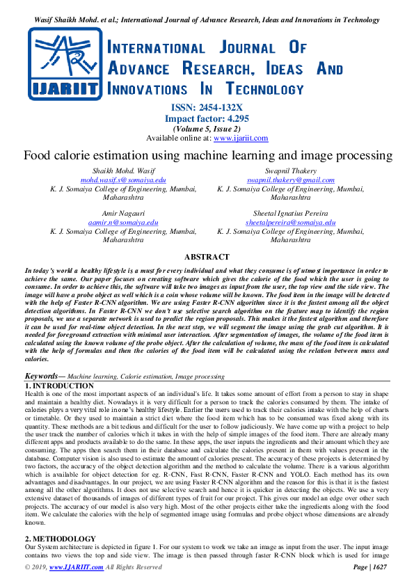 (PDF) Food calorie estimation using machine learning and image processing
