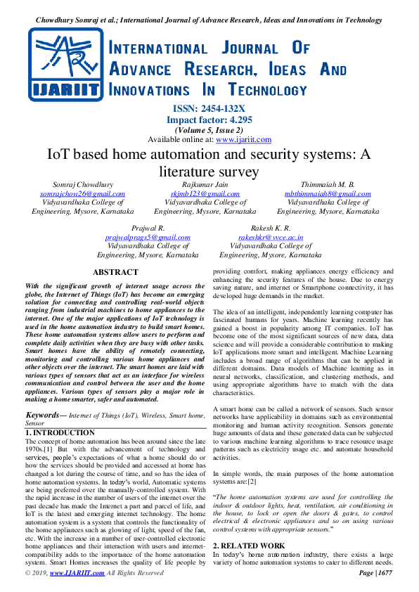 (PDF) IoT based home automation and security systems: A literature survey