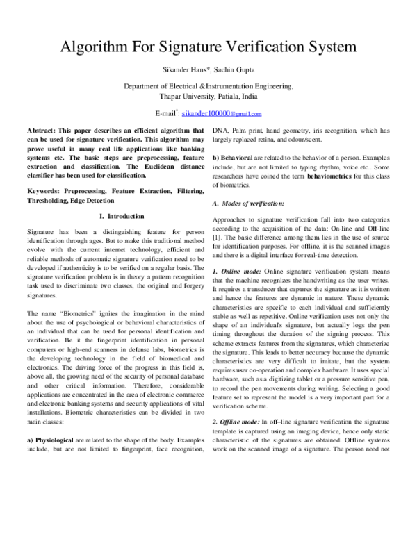 Pdf Algorithm For Signature Verification System Dr Sikander Hans