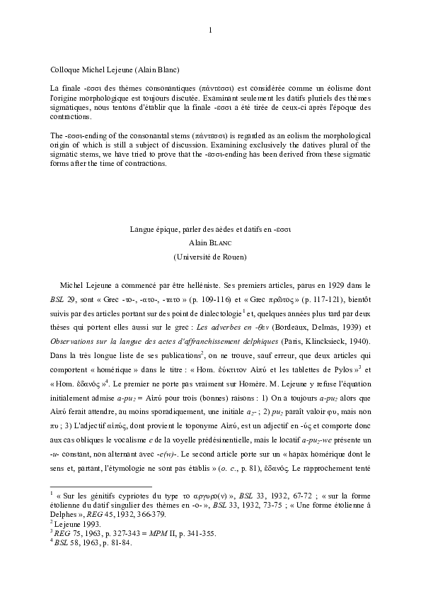 (PDF) Langue épique, parlers des aèdes et datifs en -εσσι