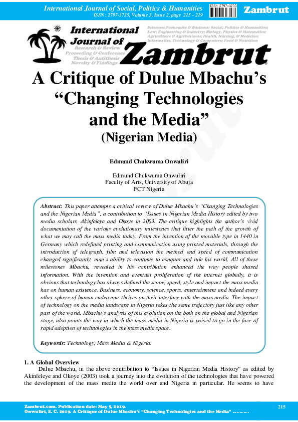 (PDF) A CRITIQUE OF DULUE MBACHU'S "CHANGING TECHNOLOGIES AND THE MEDIA" (NIGERIAN MEDIA)