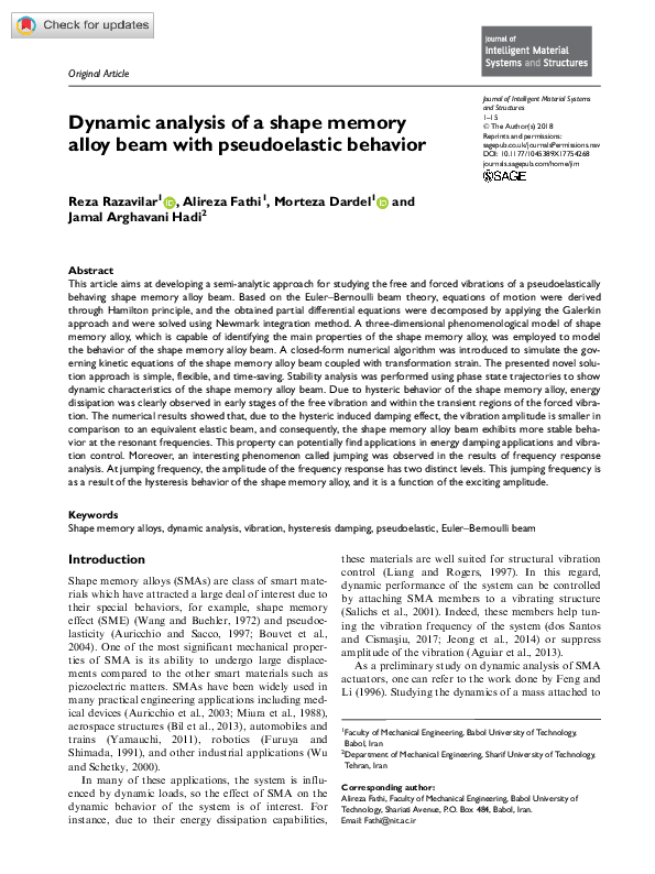 (PDF) Dynamic analysis of a shape memory alloy beam with pseudoelastic behavior