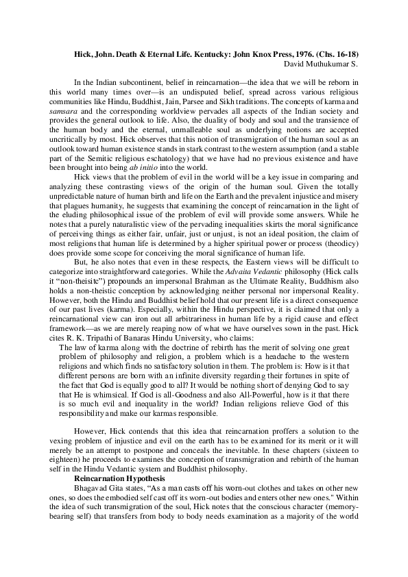 (DOC) John Hick' Eschatology: An Evaluation of the Theory of Reincarnation