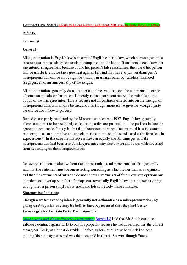 Doc Contract Law Notes Misrepresentation