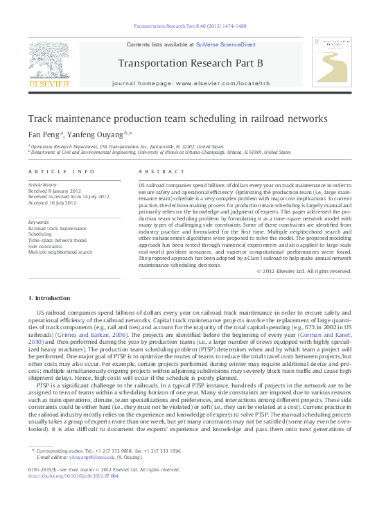 (PDF) Track maintenance production team scheduling in railroad networks ...