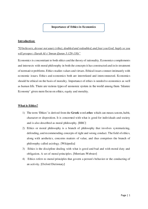 (PDF) Importance of Ethics in Economics